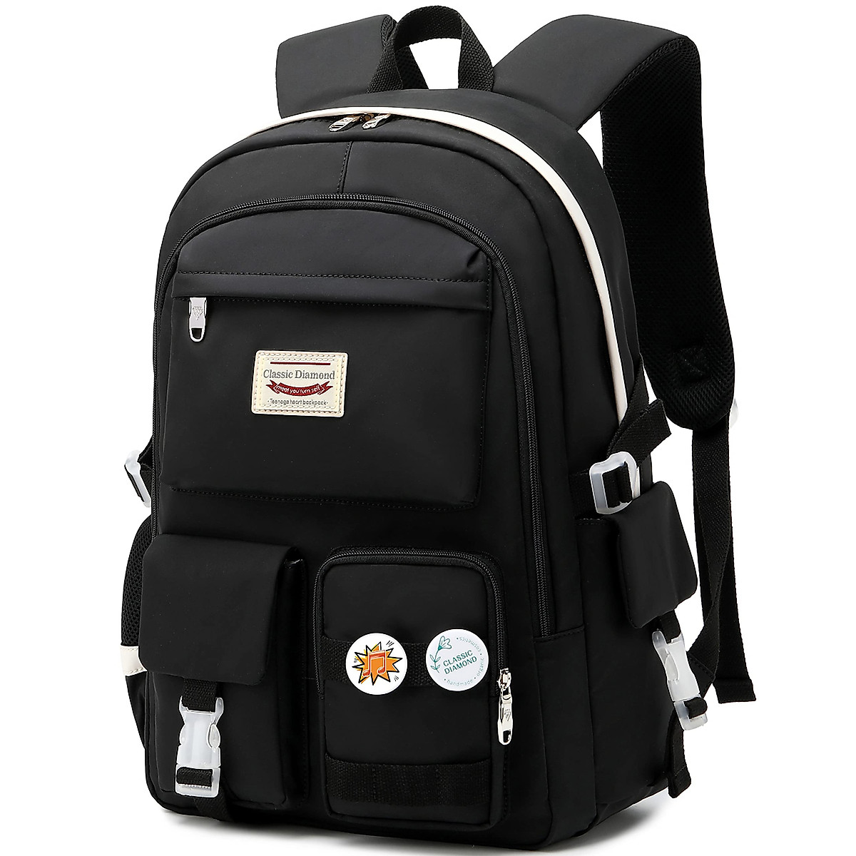 Classic Diamond School Backpack for Girls Backpack Cute Bookbag Kawaii School Bag Anime College Backpack for Teen Girls (Black)