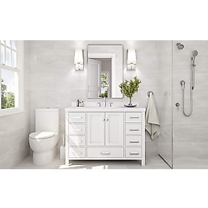 ARIEL 49" White Bathroom Vanity with 1.5" Edge Pure White Quartz Countertop & Backsplash, Center Oval Sink, 2 Soft Closing Doors, 9 Full Extension Dovetail Drawers, Brushed Nickel