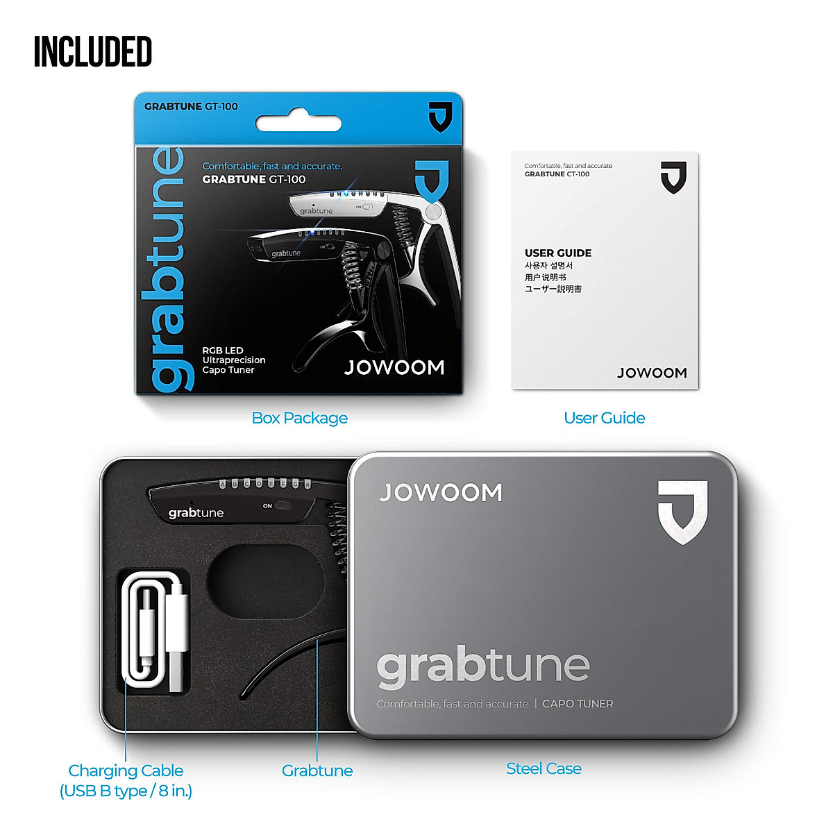 JOWOOM Grabtune Acoustic Guitar Capo-Tuner | 2 In 1 Equipment | Precise and Accurate Tuning System | Full Color LED Edge Lighting Display | USB Rechargeable Battery | Chrome Plating (Black)