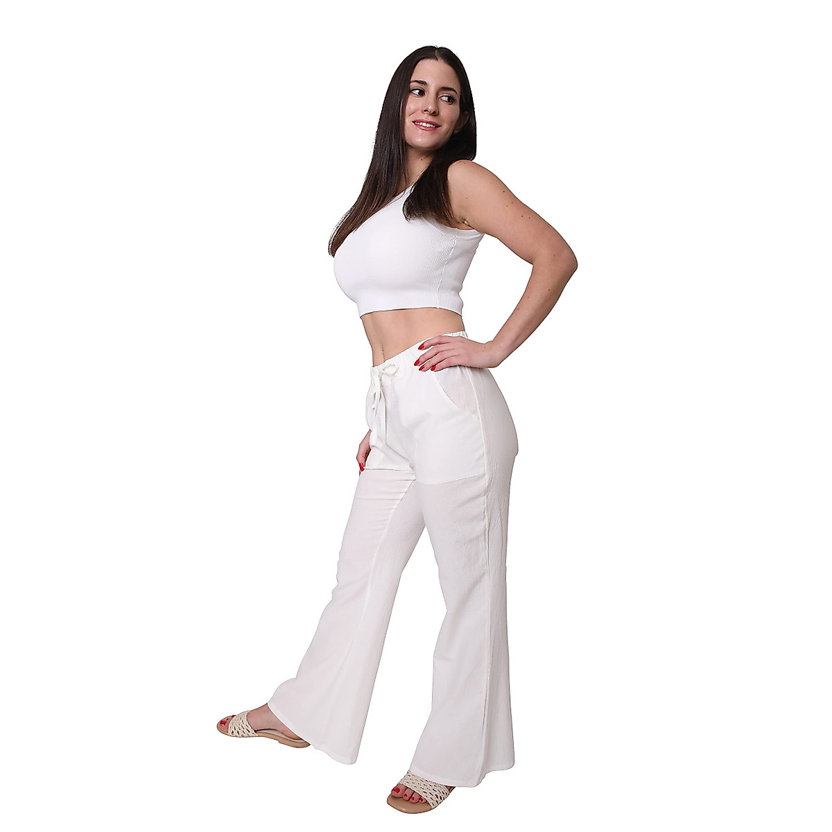 Unlimit Womens Casual Pants Wide Legs Cotton Linen, Soft Lightweight Comfy Long Lounge Pants for Summer, Beach and Home, Elastic Waist Drawstring Trousers with Pockets. (XL, White)