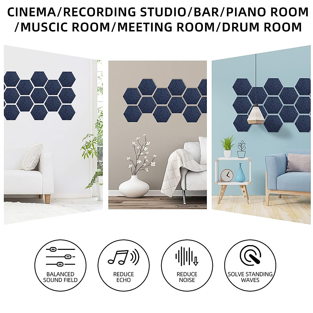 Balkwan Self-adhesive Acoustic Panels Hexagon Art Decor Sound Proof Padding Sound Dampening Panel Acoustic Foam Wall Tiles, 6.8" x 7.9" x 0.35" Beveled Edge 6 pack (7.8 Inch, Dark Blue)