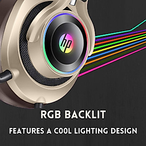 HP USB PC Gaming Headset with Microphone. 7.1 Surround Sound, RGB LED Lighting, Noise Isolating Over Ear Game Headphones with Detachable Mic for PC, Mac, PS4, Laptop - Gold