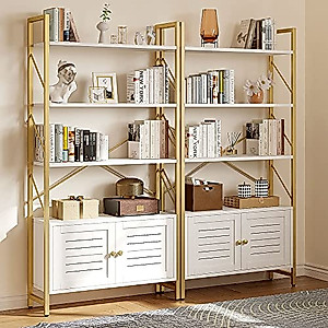 YITAHOME Bookshelf and Bookcase with Storage Cabinet, Standing 5 Tiers Book Shelves Display Rack with Doors for Bedroom Living Room Office,White&Gold