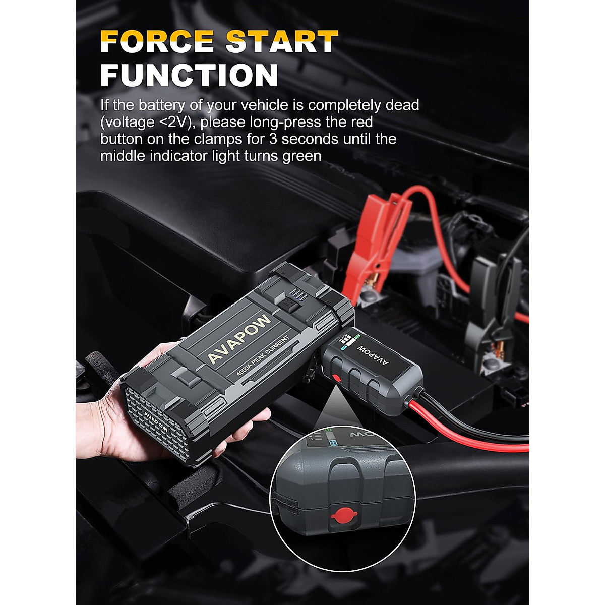 AVAPOW Car Jump Starter, 4000A Peak Battery (for All Gas or Up to 10L Diesel), Portable Booster Power Pack, 12V Auto Jump Box with LED Light, USB Quick Charge 3.0