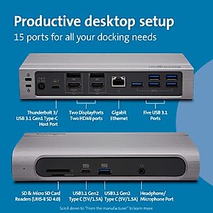 Kensington SD5600T 14-in-1 Thunderbolt 3 Dock USB-C - Compatible with Thunderbolt 4, Mac and Windows, 96W Charging, Dual 4K@60Hz, 40Gbps Transfer Speeds, HDMI 2.0 and DisplayPort, Ethernet (K34009US)
