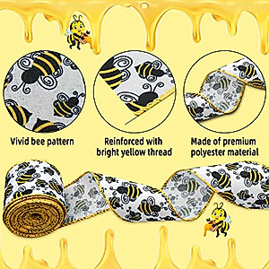 10 Yards Bee Wired Edge Ribbon Bumble Bee Burlap Ribbon Polyester Fabric Summer Bee Decorative Ribbons for Gift Wrapping DIY Craft Party Decoration Hair Bows All Crafting and Sewing (2.5 Inch)