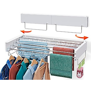 SKIKEN Wall Mounted Hidden Drying Rack for Laundry Room, Wall Compact Clothes Drying Rack, Space Saving Master, Collapsible and Pull-Out, 5 Stainless Steel Rods, 2 Towel Handles (Medium-32, White)