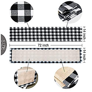 Senneny Christmas Table Runner Burlap & Cotton Black White Plaid Reversible Buffalo Check Table Runner for Christmas Holiday Birthday Party Table Home Decoration, 14 x 72 Inch
