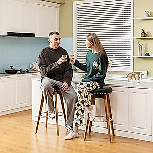 Glitzhome Swivel Bar Stools Set of 4, Round Backless Leather Padded Seat and Veneer Walnut Composite Wood Legs Finish Modern Accent Chair for Home Kitchen Island, Balck