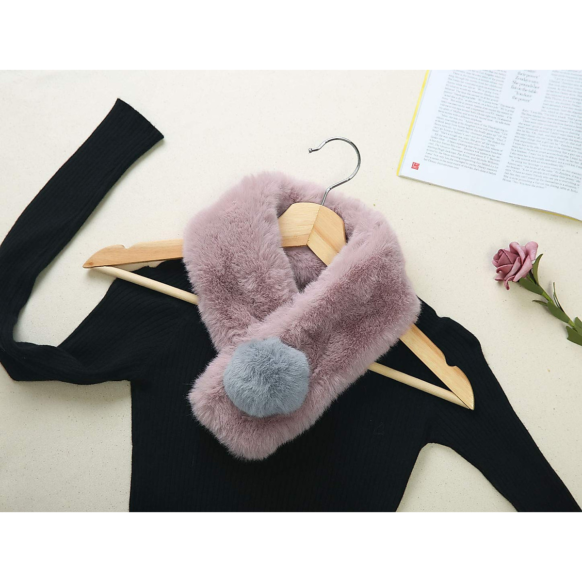 Allegra K Fluffy Faux Fur Hairball Collar Scarf Solid Color Plush Neck Wrap Winter Warmer for Women Pink