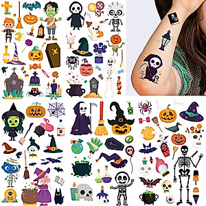 Halloween Temporary Tattoos for Kids, 360PCS Halloween Face Tattoos, Waterproof Cute Cartoon Fake Body Stickers Decorations, Halloween Face Makeup Party Favors Supplies Decor Pumpkin Witch Skull Adult