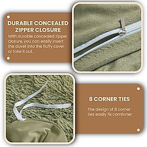 MEGO Luxury Shaggy Faux Fur Duvet Cover Set, Ultra Soft 3 Pieces Fluffy Comforter Cover Set, Fuzzy Bedding Set(1 Plush Furry Duvet Cover + 2 Pillowcases), Zipper Closure(Queen, Sage Green)