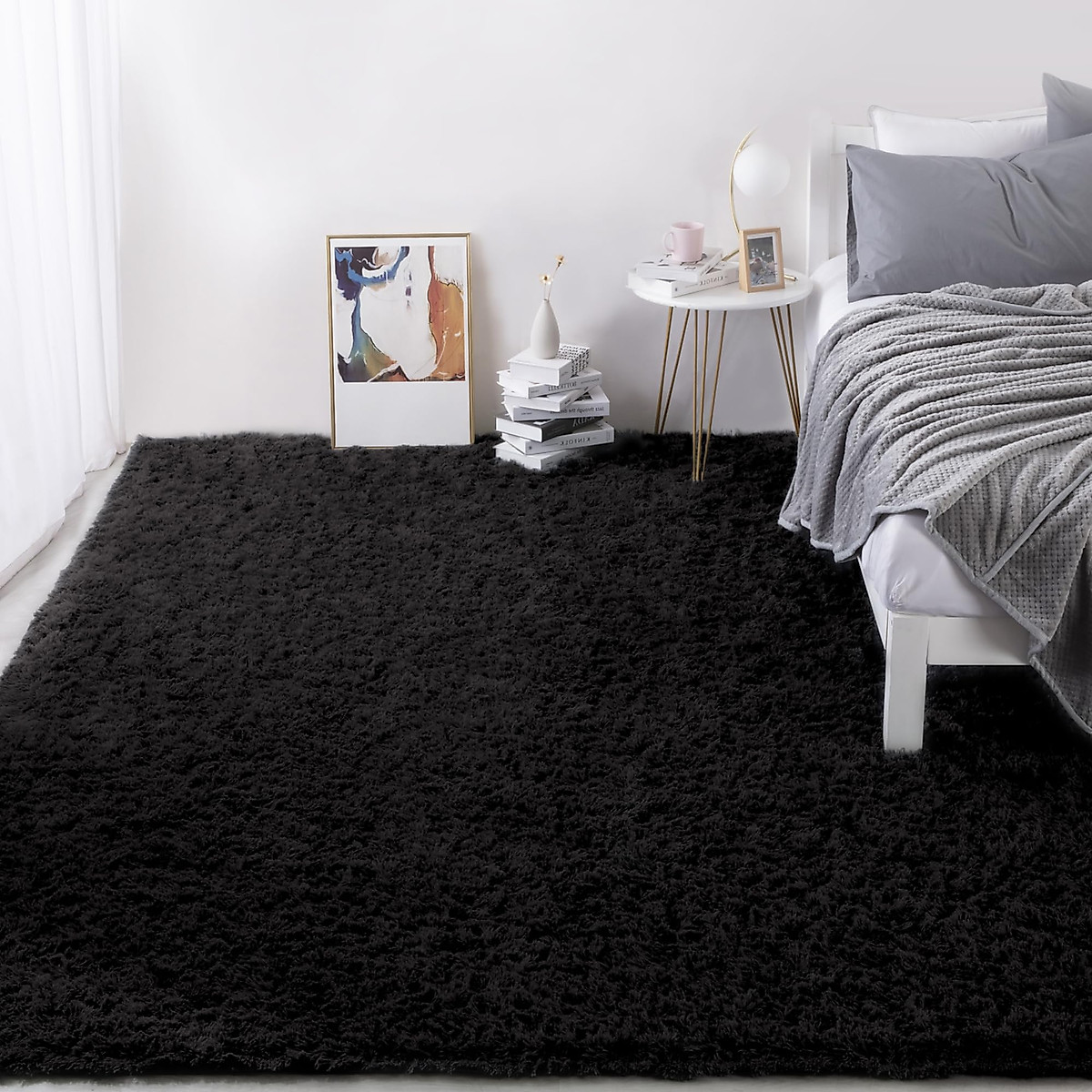 HOMBYS Shaggy Area Rug 9x12 Feet, Ultra Fuzzy Large Plush Faux Fur Carpet for Living Room Bedroom, Non-Skid Fuzzy Rug for Kids Playroom Home Decor, Black