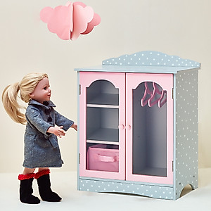 Olivia's Little World Polka Dot Princess Wooden Shaker-Style Double Closet for 18" Doll Wardrobes with Windowed Doors, Three Shelves, Hanging Space with Hangers, Gray/Pink