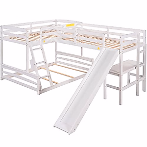 SweetFm Twin Over Full Triple Bunk Bed with Desk,Wooden Loft Bed with Desk and Slide,Full-Length Guardrail, White