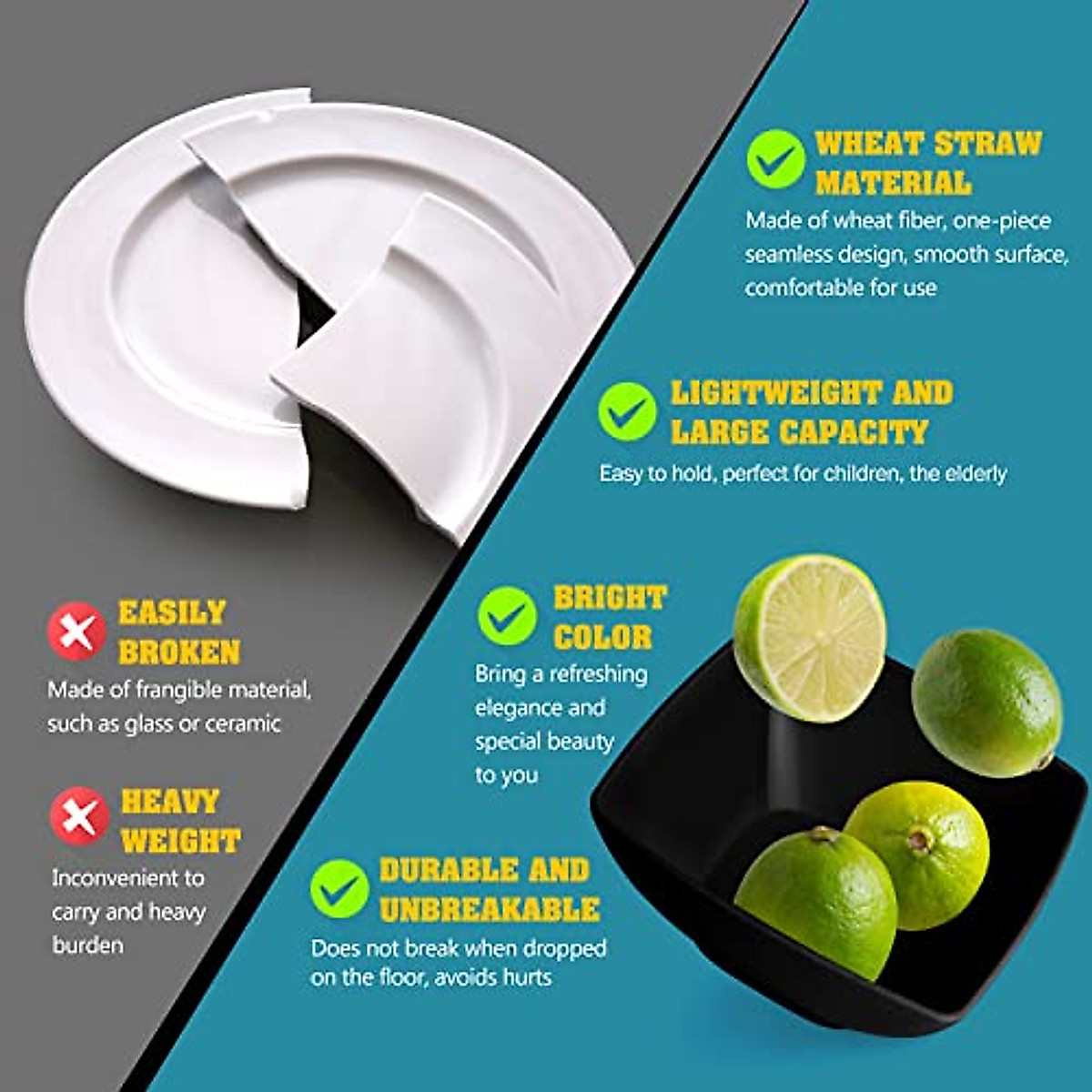 Teivio 24-Piece with flatware Kitchen Plastic Wheat Straw Square Dinnerware Set, Service for 6, Dinner Plates, Dessert Plate, Cereal Bowls, Cups, Unbreakable Plastic Outdoor Camping Dishes, Black