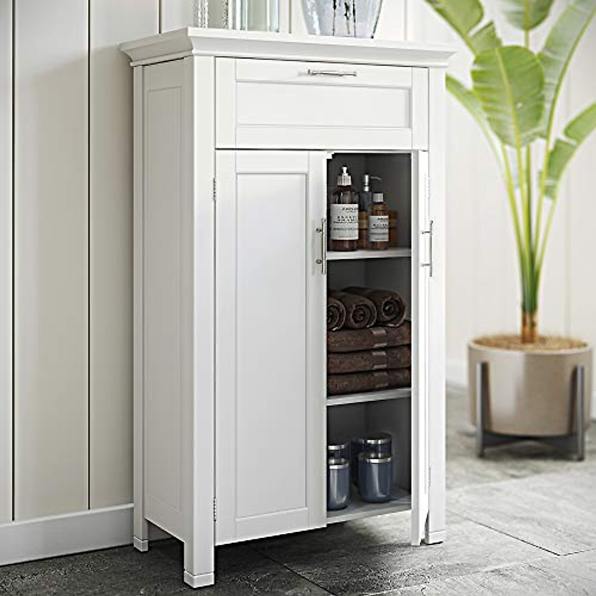 RiverRidge Somerset Two-Door Floor Cabinet, White & White Somerset Bathroom Over The Toilet Storage Spacesaver with Open Shelf and Two Doors