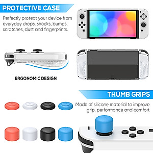 16 in 1 Accessories Bundle Compatible with Nintendo Switch OLED - Carrying Bag with Card Slots, Tempered Glass Screen Protector, PC Protective Case Cover, Kickstand & Thumb Grip Caps for OLED, White