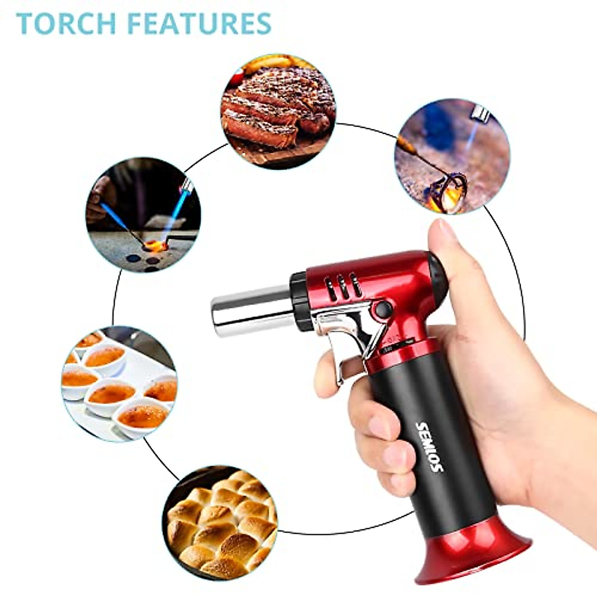 Semlos Butane Torch with Fuel Gauge, Refillable Cooking Torch Lighter, One-handed Operation Blow Torch with Safety Lock and Adjustable Flame, Fit All Butane Tanks Kitchen Torch for Creme Brûlée, BBQ