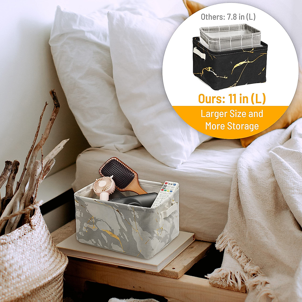 6 Pcs Storage Basket Foldable Cube Fabric Bins Square Mini Box Receive Organizer Rectangle Canvas with Handles for Nursery Home Office Kids Toys Books Small 11x8x6.3 inch Marble White