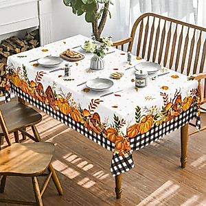 Horaldaily Fall Tablecloth 60x84 Inch Rectangular, Thanksgiving Autumn Harvest Pumpkin Mushroom Black Buffalo Plaid Table Cover for Party Picnic Dinner Decor