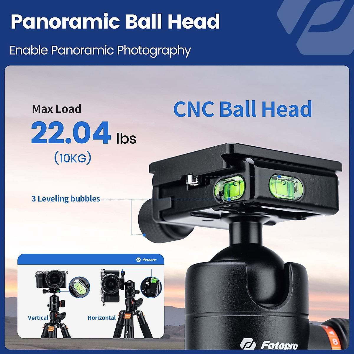 Fotopro 68 inch Camera Tripod Horizontal 360 Tripod Portable Monopod with Ball Head 16KG Load Capacity Quick Release Plate, for Travel and Work