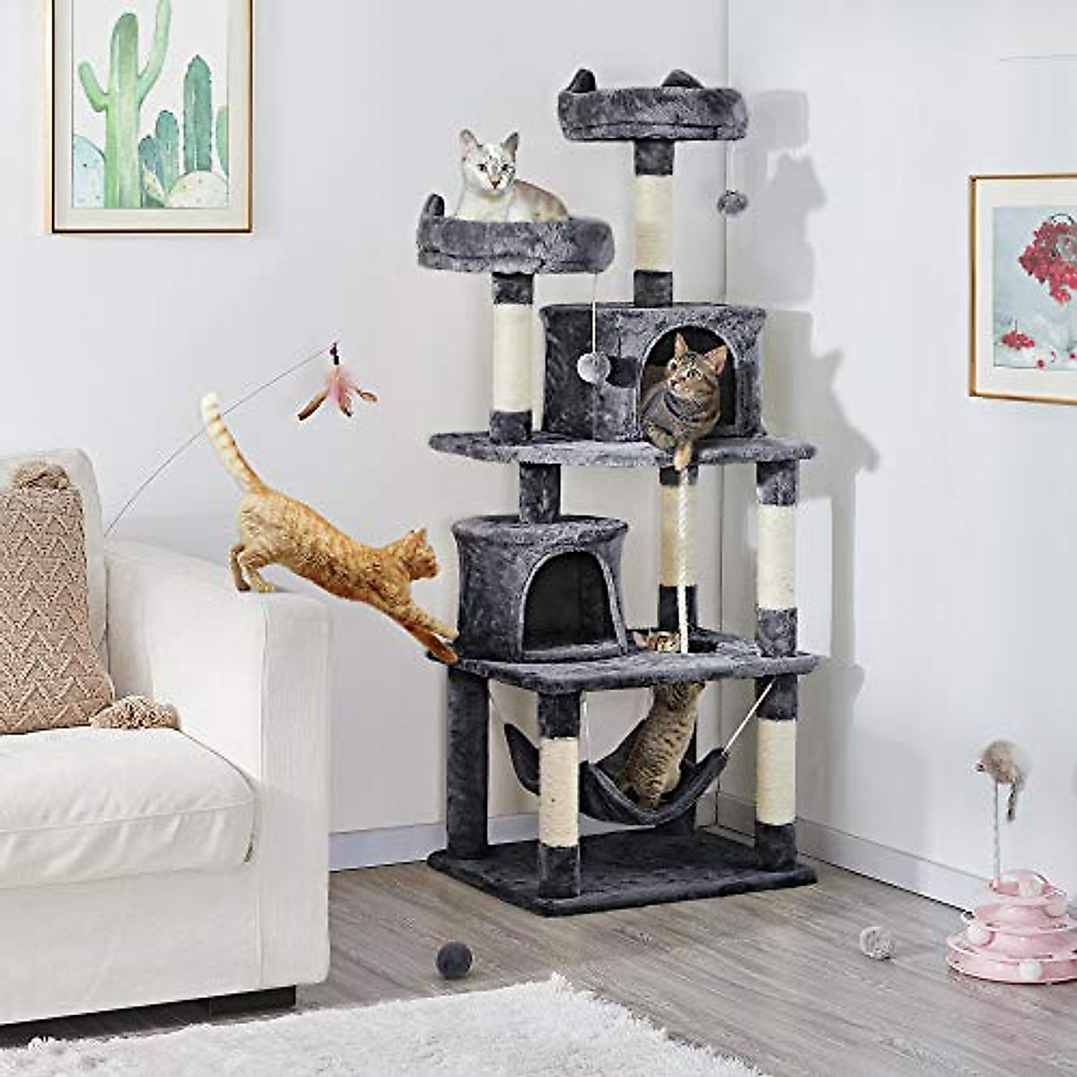 Yaheetech 62.2inches Cat Tree Cat Tower Cat Condo with Platform & Hammock, Scratching Posts for Kittens Pet Play House with Plush Perch for Indoor Activity Relaxing