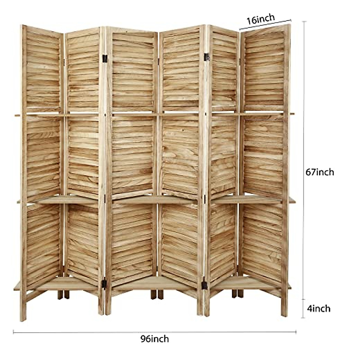 ECOMEX Room Divider 6 Panel, Wood Folding Room Divider Screen, Room Divider with Shelves and Easy Move Partition, Freestanding Room Screen Divider with Display Shelves (Natural Color)