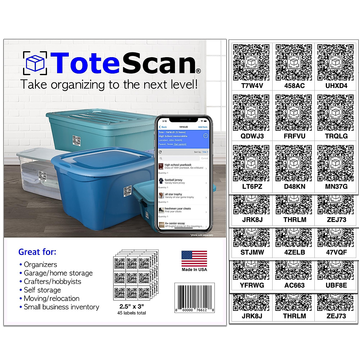 ToteScan Intelligent QR Labels for organizing & Storage (45 Unique Labels, 2.5"x3")