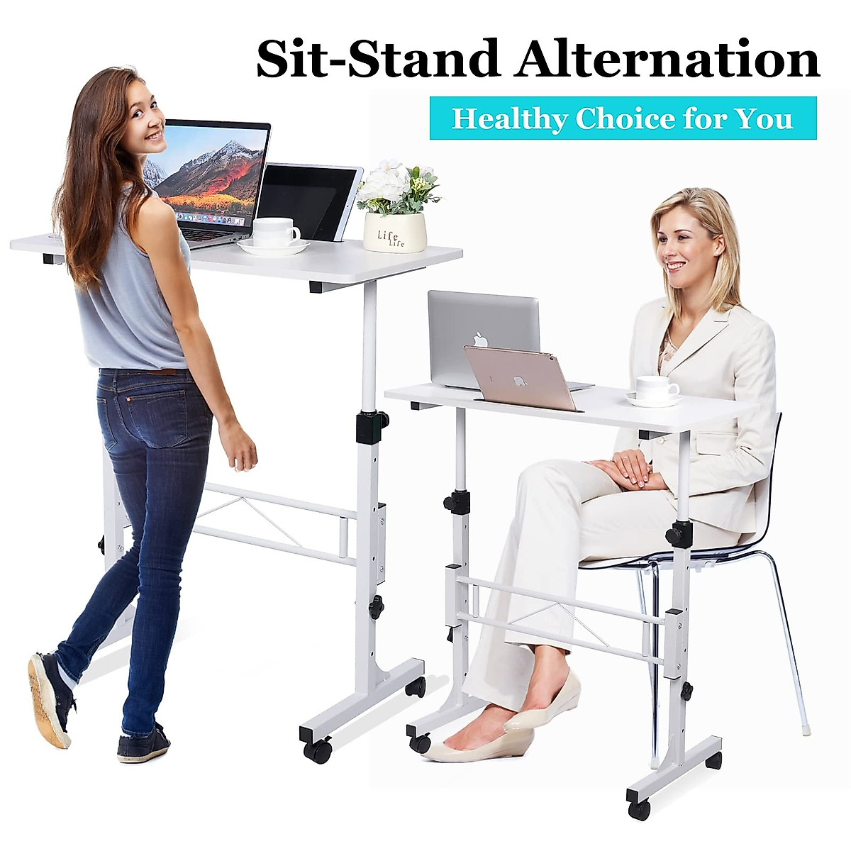 KLSMYHOKI Standing Desk Adjustable Height, Mobile Stand Up Desk with Wheels Small Computer Desk Rolling Desk, Portable Laptop Desk White Standing Table Home Office Desks 16"x31.5" Height 27"-43.5"