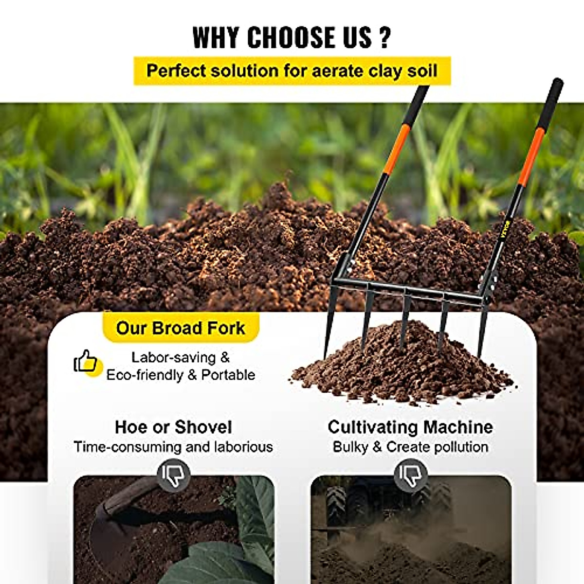 VEVOR Broad Fork Tool, 5 Tines 20 in Wide, Garden Tool with Fiberglass Handle for Gardening and Cultivating, Aerate Clay Soil for Farm