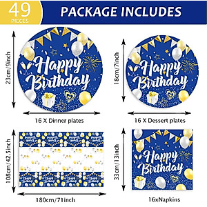 49 Pcs Navy Blue Birthday Party Tableware Set Blue Gold Birthday Party Supplies Navy Blue Plates,Napkins,Tablecloth Table Decorations for Men Women Birthday Graduation Party,Serves 16