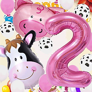 InBy 18pcs Farm Animal Balloon for 2nd Birthday Party Decorations Pig Cow Head Second Farm Animal Theme Balloon Garland Arch 40" Number 2 Foil Balloon 12" Latex Balloon Baby Girl Shower Party Supplies