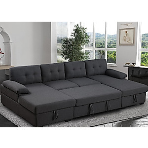 Beaugreen Modern Modular Sofa Couch, Dark Grey - Sectional Sleeper with Pull Out Bed, Double Storage Chaise, 4 Seater