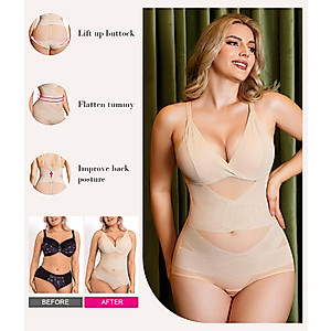 Nebility Women V Neck Shapewear Tummy Control Bodysuit Tank Top Full Body Shaper One Piece Cami Leotard (Large, Beige Normal Size)