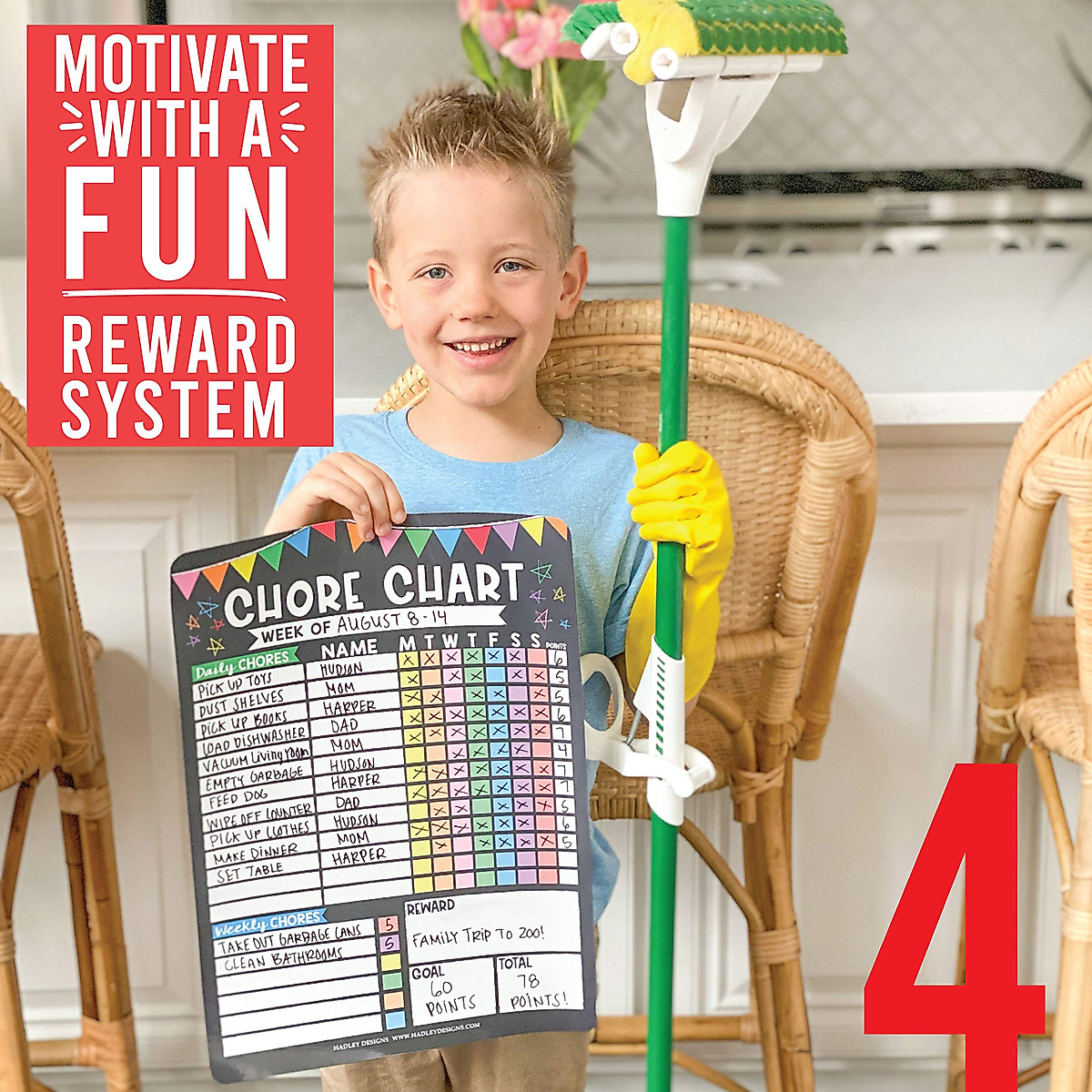 Hadley Designs Magnetic Chore Chart for Kids-12"x17" Reusable Dry Erase Responsibility Chart for Multiple Kids-Weekly Family Organizer with Reward System and Bonus Chore Guide
