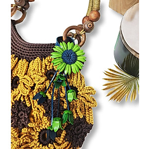 Jomo Joy Leather Flower Keychain Purse Tassels Charms Women Handbags Designer Bag Accessories Keyring Decor Sunflower Key Ring 8'' Long (Green), (KrSunflower1)