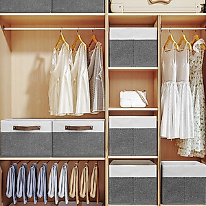 LOVSTORAGE Storage Boxes, 3 Pack Fabric Collapsible Storage Organizer Container with Leather Handle, 13 x 9 x 8 inch Rectangular Storage Bins Baskets for Shelves Home Nursery, White/Grey