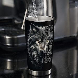 20oz Wolf Tumbler, Wolf Man Nutrition Fact The Man The Myth The Legend, Wolves Gifts, Coffee Thermos for Men, Stainless Steel Double Wall Vacuum Insulated Coffee Mug, Travel Cup with Lid
