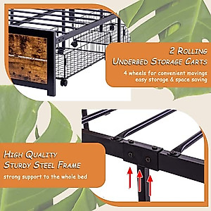 WAYTRIM Twin Size Platform Bed Frame, Twin Bed Frame with Wooden Headboard and Footboard, Mattress Foundation/13 Metal Slat Support/2 Rolling Underbed Cart/No Box Spring Needed- Antique Brown