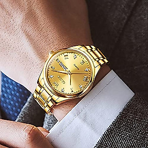OLEVS Gold Watch for Men, Big Face Stainless Steel Watch, Easy to Read Analog Quartz Watch with Day Date, Waterproof Luminous Men's Dress Wrist Watch