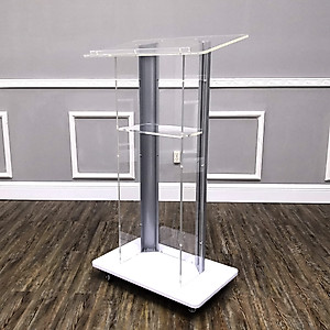 FixtureDisplays Clear Acrylic Plexiglass Podium Curved Steel Sides Church Pulpit School Lectern Debate Funeral Home Conference 14310-NF