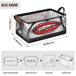 Exnundod Red Lips Kiss Love Storage Bins Funny Attractive Stroage Basket with Metal Frames Collapsible Storage Bin with Handles Organizing Closet Blanket Toys, 1PC