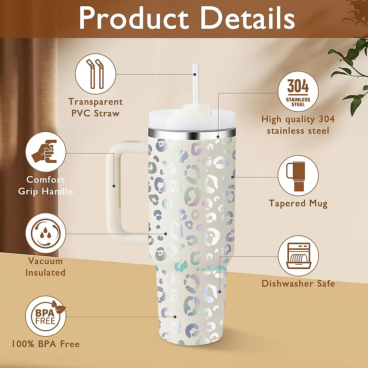 Ochapa 40 oz Tumbler with Handle Leopard Straw Lid Insulated Stainless Steel Vacuum Reusable Cup Holder Friendly Keep Drinks Cold Gifts for Women Lover Car Gym Travel, White Cheetah+Black Cheetah