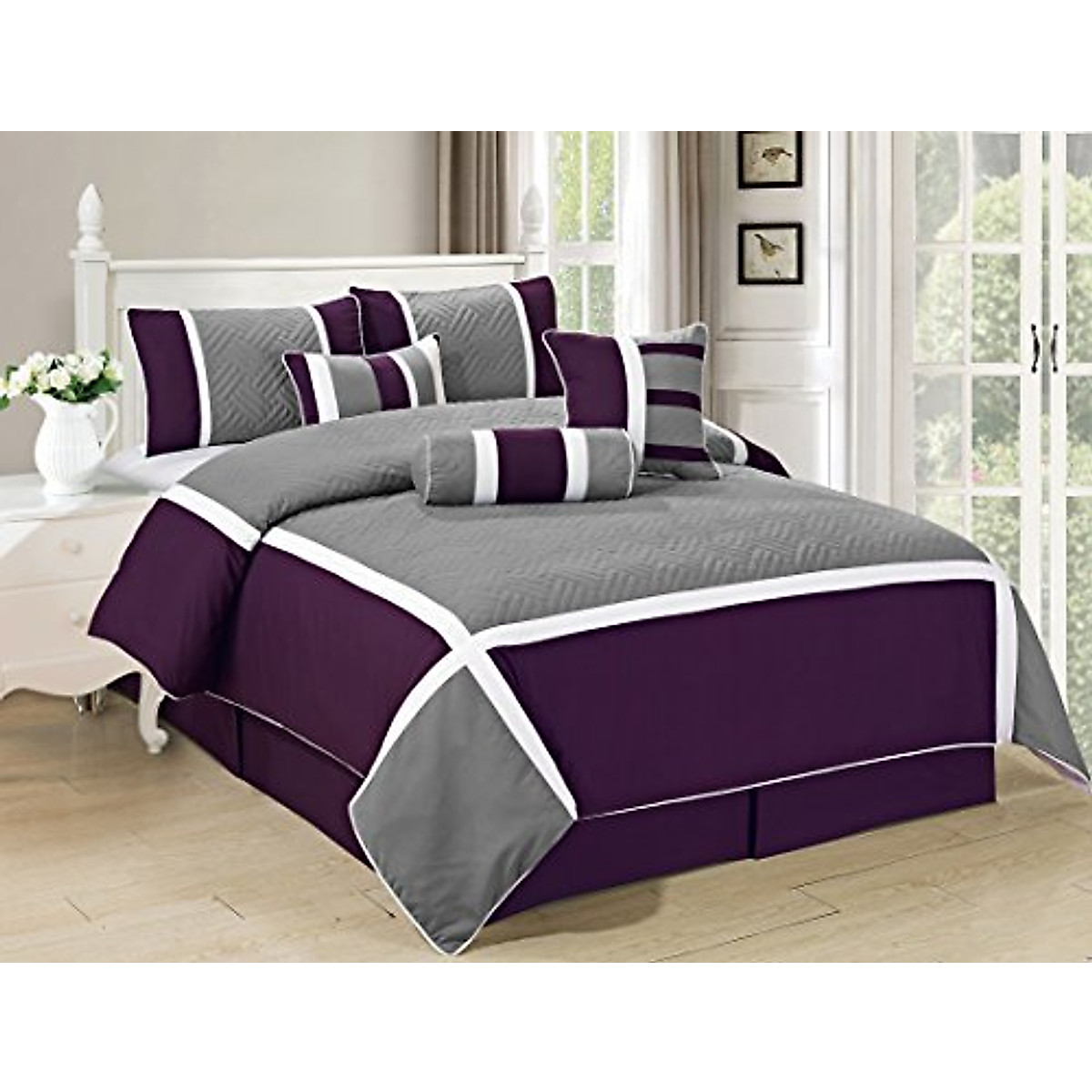 All American Collection New 7 Piece Embroidered Over-Sized Comforter Set (Queen, Purple/Grey)