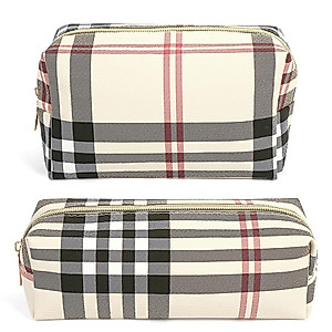 MAANGE Small Makeup Bag for Purse, 2 PCS Cosmetic Bag for Women Travel Makeup Pouch Leather Make up Bag Portable Zipper Pouch Makeup Brushes Bag - khaki plaid