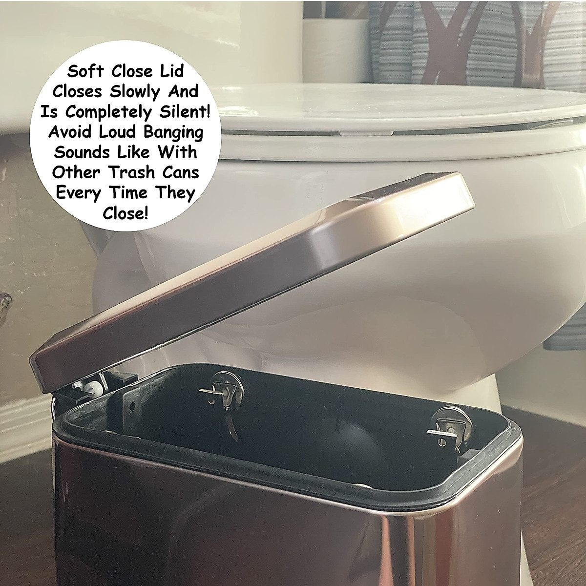 Homie Soft Close, Slim Trash Can 1.6 Gallon with Anti - Bag Slip Liner and Lid, Use as Mini Garbage Basket, Slim Dust Bin, or Decor in Bathroom, Restroom, Kitchen, or Bedroom (Rose Gold)