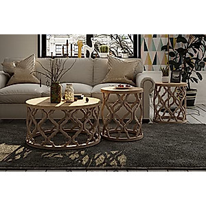 COZAYH Farmhouse End Table, Distressed Wood Top Side Table with Curved Motif Frame Base for Boho, Rustic, Round, Natural