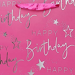 Elephant-package Paper Gift Bag Silver Metallic Happy Birthday Printed, Large Gift Bag for Kids Girls Birthday (12.6" Pink)