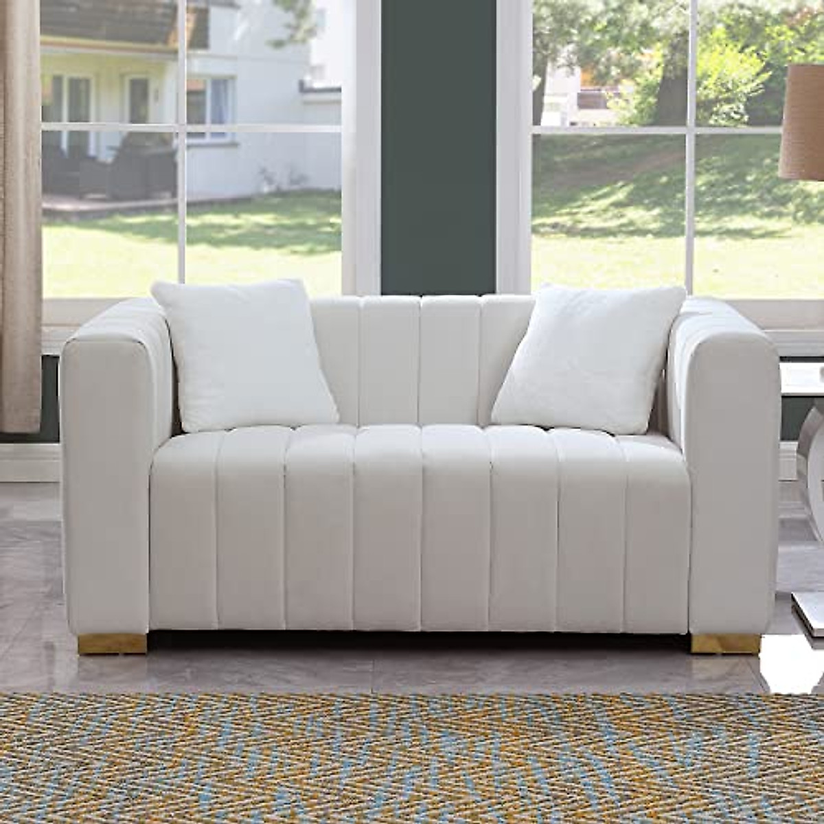 kevinplus 62.6'' Loveseat Chesterfield Sofa Couch for Living Room, Velvet Modern 2-Seat Upholstered Sofa Couch for Apartment Bedroom Dorm Office, Strong Gold Metal Legs, 2 Pillows, White